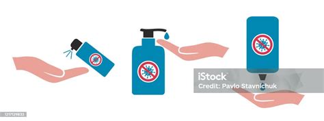 방부제 아이콘 손 소독제 알코올 문지르기는 손에서 대부분의 박테리아를 죽이고 코로나 바이러스 확산 예방 개념과 같은 바이러스를 중지합니다 소독제 병 벽 걸이 용기 손에 대한