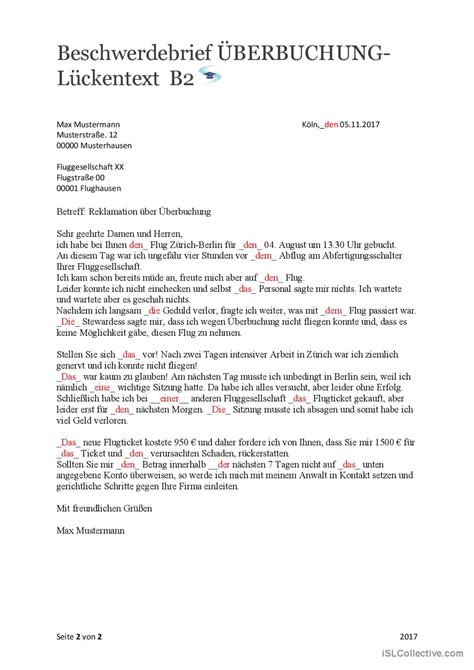 Beschwerdebrief Überbuchung mit Lösu Deutsch DAF Arbeitsblätter pdf doc