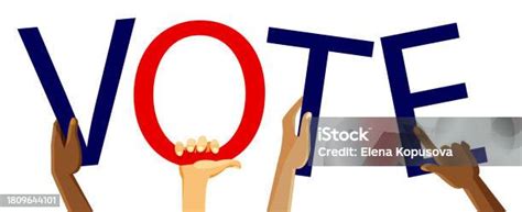 플랫 스타일의 선거 투표 개념 미국에서 투표 배너 디자인 흰색 배경에 선택 텍스트가 있는 다른 인종의 사람들의 손 선거 투표 포스터 투표에 대한 스톡 벡터 아트 및 기타