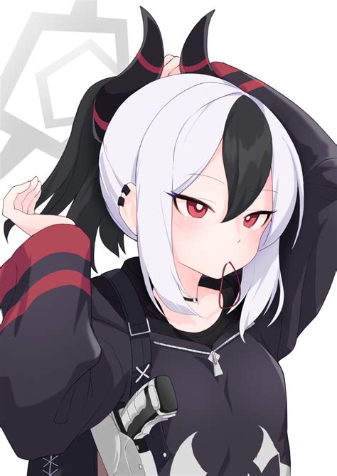 Safebooru 1girl Black Hair Black Hoodie Black Horns Blue Archive