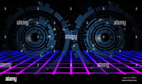Image Of Loading Circles Moving Over Grid Pattern Against Black