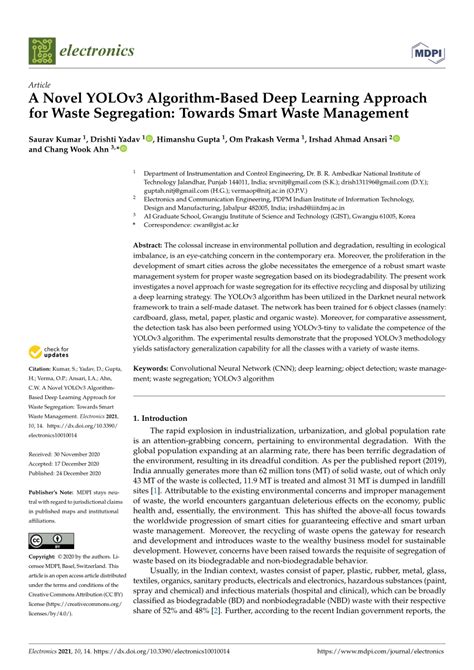 PDF A Novel YOLOv Algorithm Based Deep Learning Approach For Waste Segregation Towards Smart