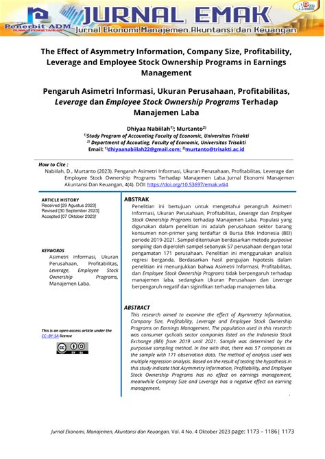 Pdf The Effect Of Asymmetry Information Company Size Profitability Leverage And Employee