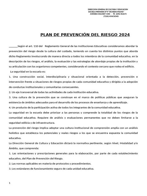 2024 Plan De Prevencion Del Riesgo Pdf