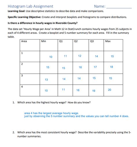 Solved Histogram Lab Assignment Name Learning Goal Use