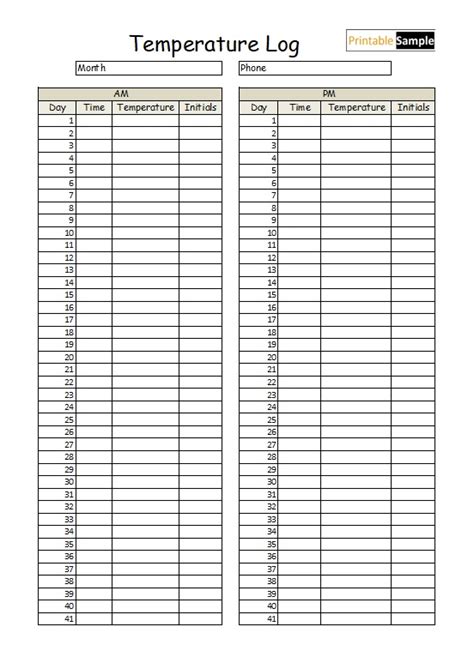 Free Temperature Log Template Printable Templates Vroguec
