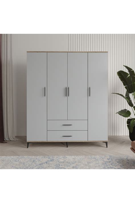 Afilli Urla 4 Kapaklı 2 Çekmeceli Gardrop Tamamı Mdf atlas çam buz gri