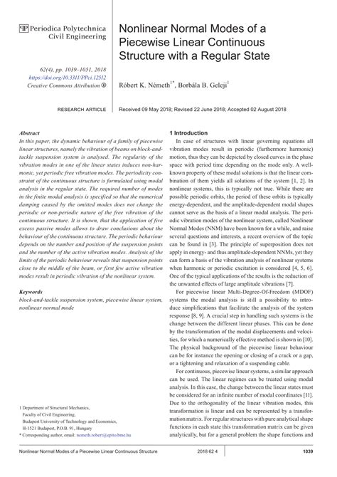 Pdf Nonlinear Normal Modes Of A Piecewise Linear Continuous Structure With A Regular State