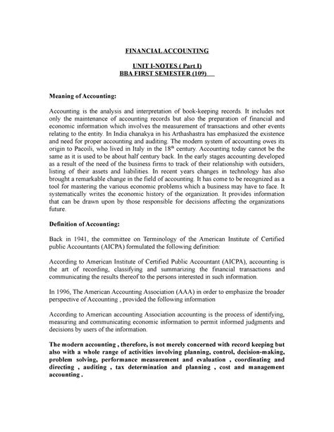 FA Unit I BBA NOTES FINANCIAL ACCOUNTING UNIT I NOTES Part I BBA