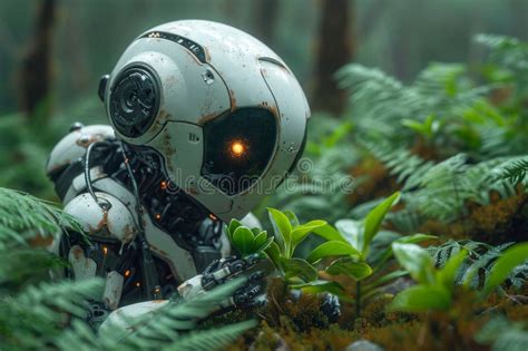 Cyborg In Forest With Green Plants Artificial Intelligence And Robotics Concept Stock Image