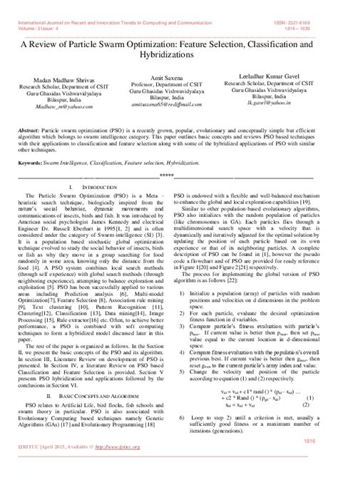Pdf A Review Of Particle Swarm Optimization Feature Selection Classification And Hybridizations