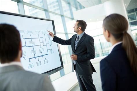 Business Professional Presents Flowchart To Engaged Colleagues In Modern Office Setting