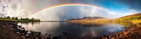 Ultra Wide Landscape Of A Tranquil Lake And Vibrant Rainbow Stock