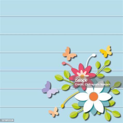 青い木製の背景に蝶と葉とカラフルな花春の花や春 からっぽのベクターアート素材や画像を多数ご用意 からっぽ まぶしい やわらか