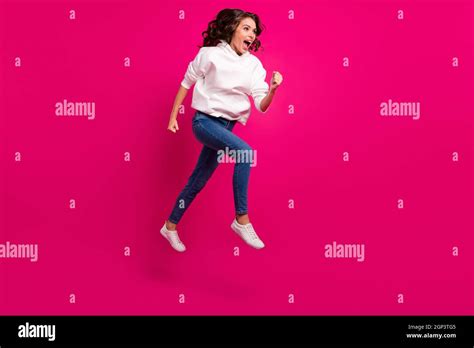 Full Body Profile Side Photo Of Young Excited Girl Happy Positive Smile