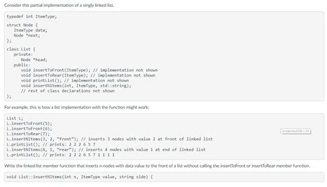 solved consider this partial implementation of a singly