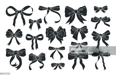 손으로 그린 검은 실크 활 휴일 선물 상자에 대 한 활 실루엣 활 실루엣 플랫 벡터 일러스트 레이 션 세트 생일 선물 리본 장식 나비 넥타이에 대한 스톡 벡터 아트 및 기타