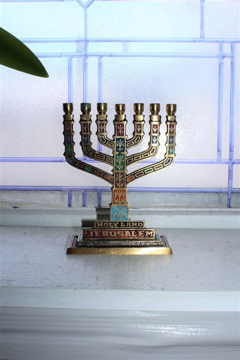 Vintage Jewish Menorah Made In Israel Brass And Polychrome Enamel