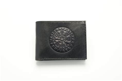 Leather Wallets For Men Vegetable Tanned Leather Viking Compass Black Safraton