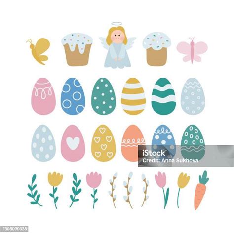 행복한 부활절 색깔의 계란 천사 케이크 버드 나무 나비와 봄 식물 벡터 일러스트의 컬렉션 스티커 엽서 섬세한 색상의 장식을위한 귀여운 휴일 디자인 만화에 대한 스톡 벡터