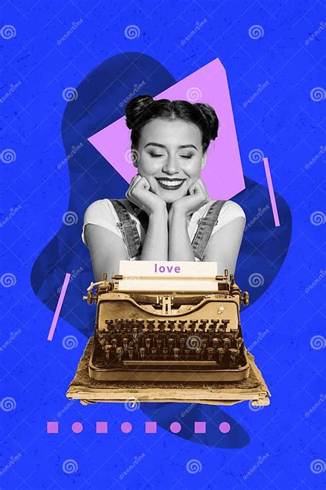 Vertical Photo Collage Of Happy Girl Author Closed Eyes Sit Typewriter