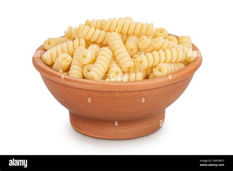 Italian Spiral Shaped Pasta Fusilli Bucati Macaroni In Ceramic Bowl Isolated On White