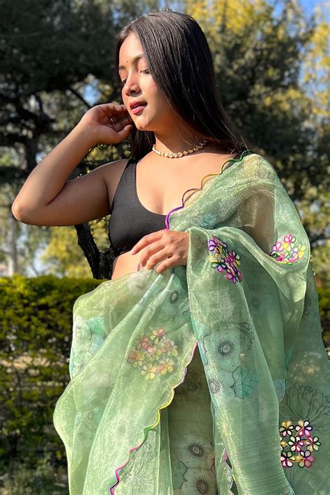 Buy Sage Green Floral Organza Silk Saree Online Like A Diva