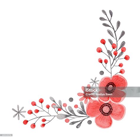 민속 스타일의 꽃과 나뭇 가지가있는 코너 구성 청첩장 제작을 위한 빨간색과 회색 색상의 양식화된 그림 손으로 그린 배열은