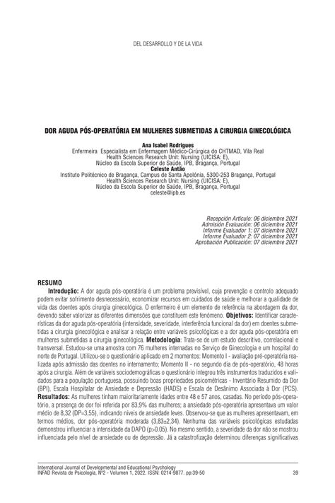 Pdf Dor Aguda Pós Operatória Em Mulheres Submetidas A Cirurgia