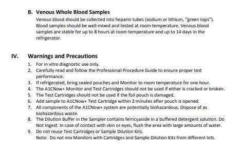 CLSI Procedure A1CNow Test System PTS Diagnostics