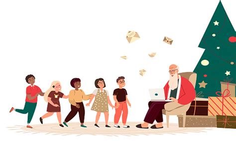 산타 클로스를위한 크리스마스 편지아이들은 선물을 기다립니다어린 소녀와 소년은 대기열에 서 있고 노엘 신부는 선물 상자가있는 장식 된 나무에서 노트북으로 안락 의자에 앉아