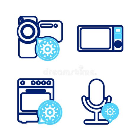 Set Line Microphone Setting Oven Microwave Oven And Video Camera Icon Vector Stock Vector