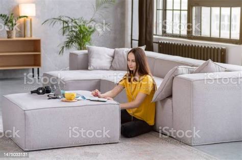 편안한 프리랜서 여자 Smm 전문가 웹 프로그래머 주부 학생 사업가 여자 여자 집에서 소파에 앉아 스마트폰을 입력 원격 원격 작업 가상현실에 대한 스톡 사진 및 기타 이미지