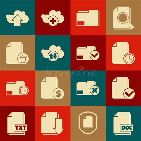 Set Doc File Document Document And Check Mark With Clock Folder Cloud Download Upload