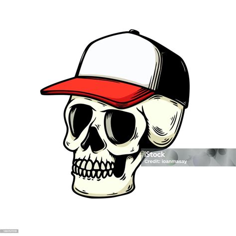 흰색 배경에 고립 된 야구 모자에 인간의 두개골의 그림 라벨 기호 엠블럼 포스터용 디자인 요소 벡터 일러스트레이션 갱스터 랩에 대한 스톡 벡터 아트 및 기타 이미지 Istock