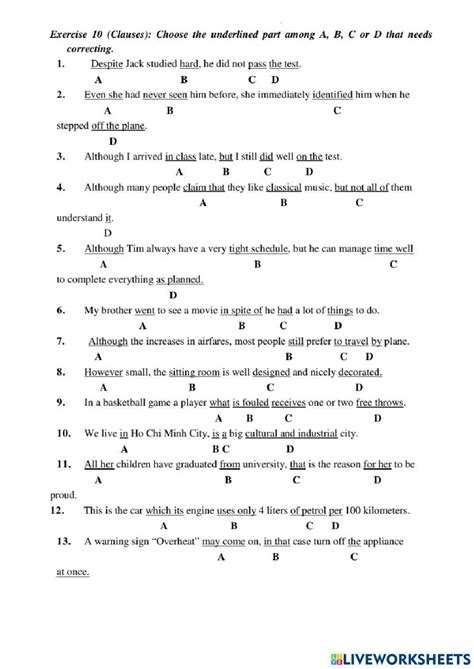 Clauses Error Identification Worksheet Live Worksheets