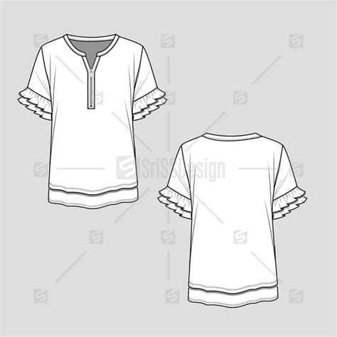Fashion Henley Neck Puff Knotted Cuff Sleeves Technical Flat Sketch