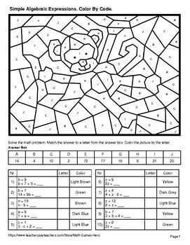 Simple Algebraic Expressions Coloring Pages Color By Code TPT
