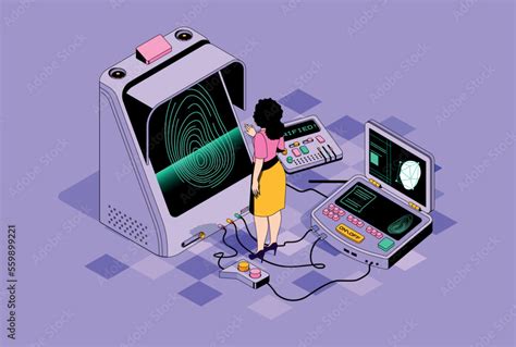 Biometric Control Concept In 3d Isometric Design Woman Uses Secure Access With Fingerprint