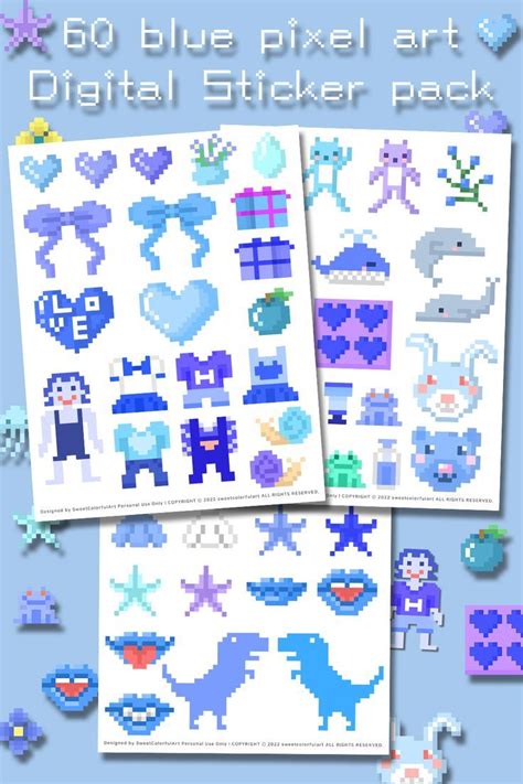 60 Blue Pixel Art Digital Sticker Pack Cute Printable Stickers