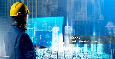 토목 엔지니어 건축가 스마트 시티 빌딩 설계 Ar 증강 현실 Vr 디지털 기술 미래 지향적 홀로그램 건축하기에 대한 스톡 사진 및 기타 이미지 Istock