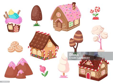 만화 달콤한 요소 캔디 컵 케이크 하우스 디저트 나무와 꽃 초콜릿과 생강 쿠키 홈 화려한 게임 판타지 벡터 클립 아트 초콜릿에