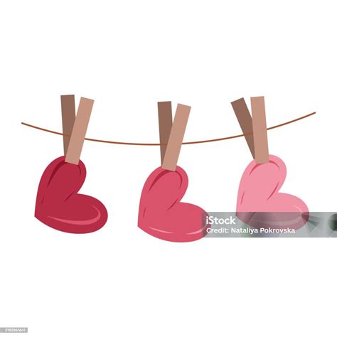 나무 빨래 집게와 함께 하트는 흰색 배경에 고립 된 리본에 매달려 있습니다 손으로 그린 벡터 일러스트 레이 션 플랫 스타일 사랑의 개념 행복한 발렌타인 데이 축하 인사말