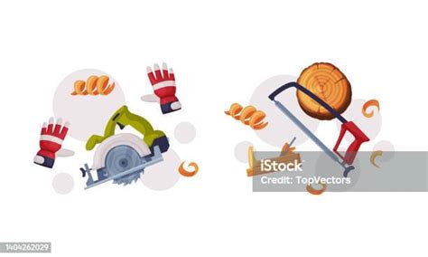 목공 및 목재 잭 도구 세트 장갑 손톱 목재 가공 장비 및 목공 만화 벡터 일러스트 레이 션 개선에 대한 스톡 벡터 아트 및