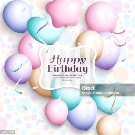 생일 인사말 카드입니다 레트로 빈티지 파스텔 파티 풍선 깃발 세련 된 글자와 투명 한 프레임 벡터입니다 공휴일에 대한 스톡 벡터 아트 및 기타 이미지 Istock