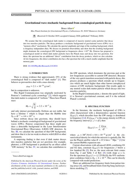 Pdf Gravitational Wave Stochastic Background From Cosmological
