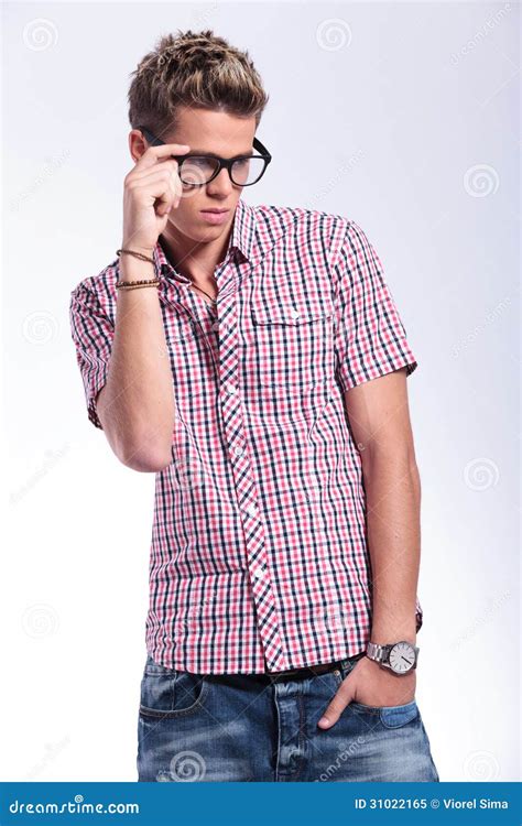 Casual Man Adjusting Specs Stock Image Image Of Look 31022165