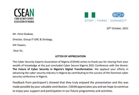 Cyber Security Experts Association Of Nigeria Csean Letters Of Appreciation To Dr Fene