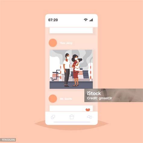가족 얼굴 마스크 야외 더러운 폐기물 유독 한 공기 오염 산업 스모그 오염 환경 개념 산업 풍경 스마트 폰 화면 전체 길이 가공의 인물에 대한 스톡 벡터 아트 및 기타
