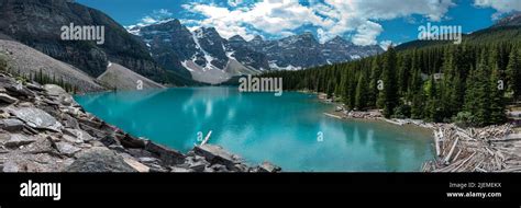 Panoramic View Of Moraine Lake In Banff National Park Canada Summer